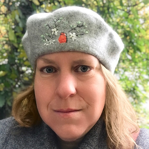 Robin Embroidered Beret Winter, Hand Stitched Beret, French Style Beret ...
