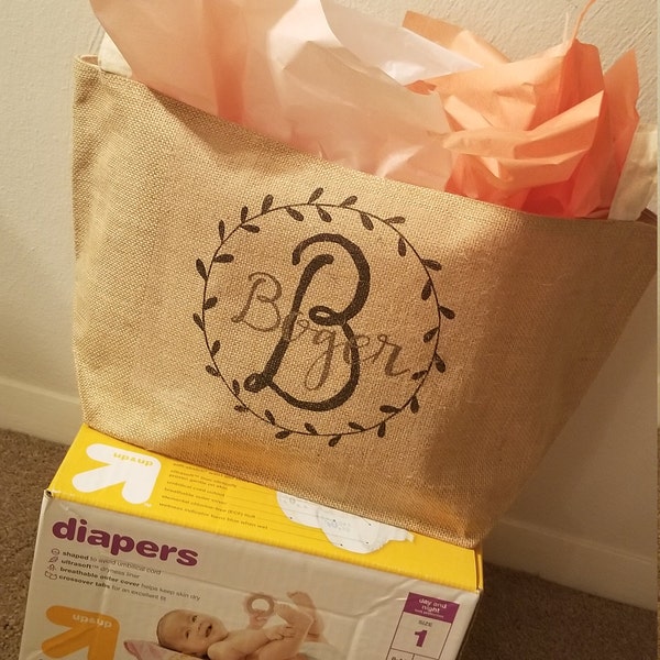 Monogram Burlap Storage Container, Burlap Bin, Reusable Gift Basket ...
