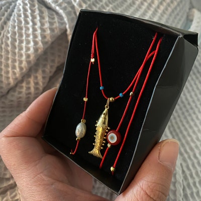 925 Sterling Silver Fish Necklace, Gold Fish Necklace, Red String ...