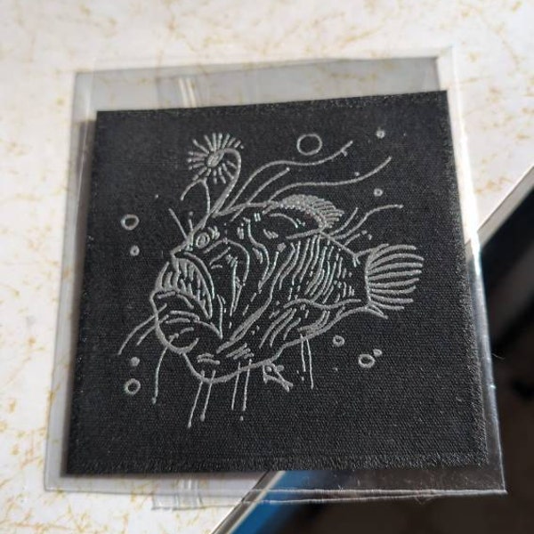 Deep Sea Angler Fish- Silver Screen Print Fabric Patch 10x10cm- Goth ...