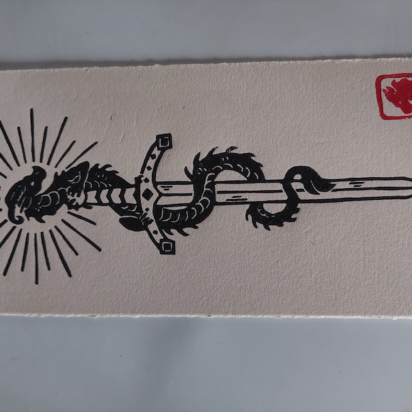Linocut Print Original Sword & Tiny Dragon Ivory or Sun Paper - Etsy