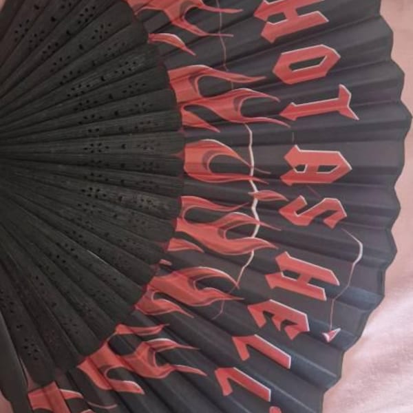 Hot as Hell Funky Fan - Red and Black Flame Text Bamboo Foldable Hand ...