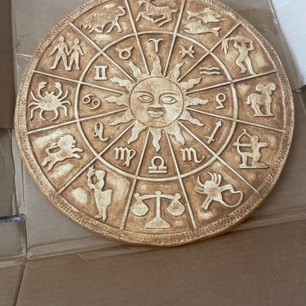 Zodiac Wheel Wall Hanging, 17" Cement Zodiac Wheel, Astrology Wheel ...
