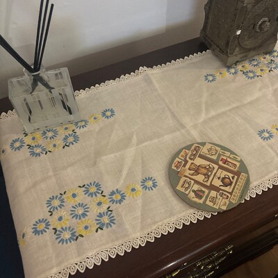 Vintage Fine White Linen Table Topper Square With Tiny Blue Cross ...