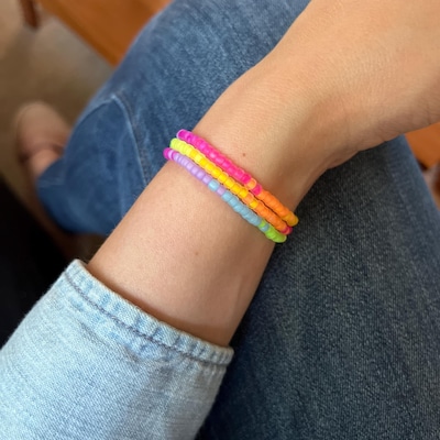 Tiny Matte Neon Beaded Stretch Bracelets, Seed Bead, Stacking Jewelry ...