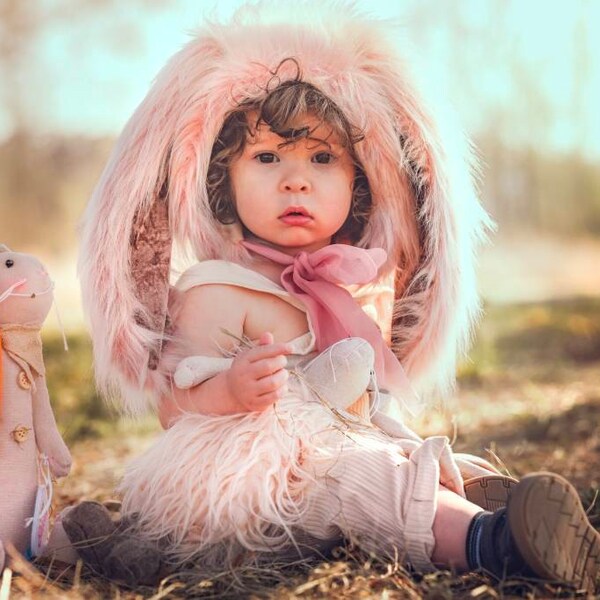 Dusty Pink Fur Bunny Rabbit Hat/ Bonnet for Kids and Toddlers.props ...