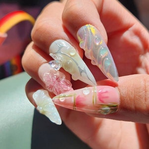 MIDORI Gold Floral Nail Art Press on Nails Jade Magnetic Nails 3D Gel ...