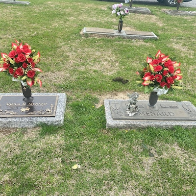 This Jumbo Cemetery Cone Pair Has Grave Flowers Including Red Roses ...