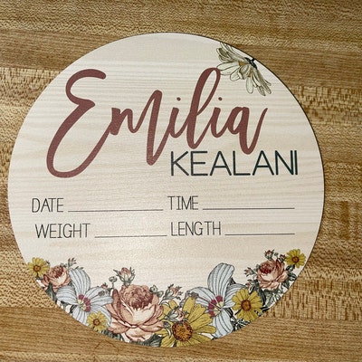 Floral Birth Stat Sign, Birth Announcement Plaque, Baby Name ...