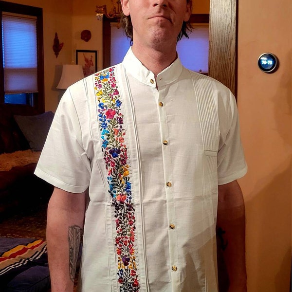 Mens Mexican Traditional Shirt. Sizes S - 2X. Floral Hand Embroidered Guayabera for Men. Formal ...