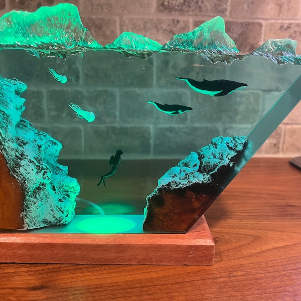 Humpback Whale and Diver Night Light,epoxy Resin Wood Lamp,scuba Diving ...