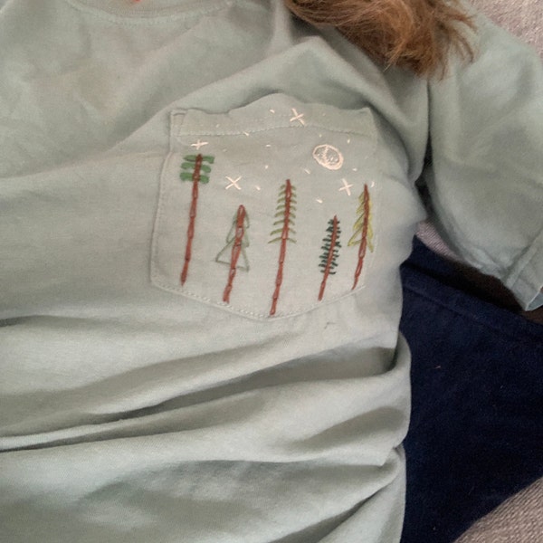 Spruce Trees Hand-embroidered Pocket Tee Shirt Unisex Short Sleeve - Etsy