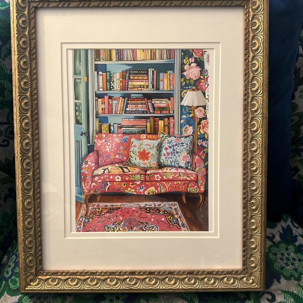 Cosy Bookshelf Illustration, Book Art, Home Office Bookworm Library ...