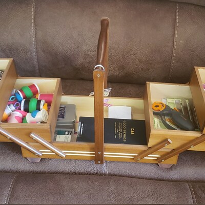Brown Sewing Box, Wood Storage Box for Sewing Kit, Fold Out Box for ...