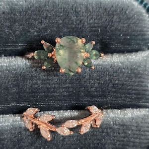 Pear Shaped Moss Agate Engagement Ring Set Vintage Rose Gold Marquise Engagement Set Enhancer ...