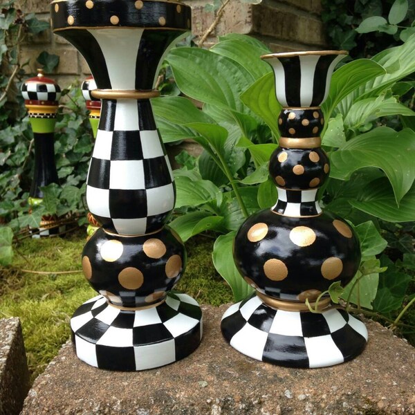 Pair Whimsical Painted Lanterns Black and White Checks Checkers Alice ...