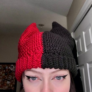 Two Tone Devil Horn Crochet Beanie / Color Block Demon Horned Beanie ...