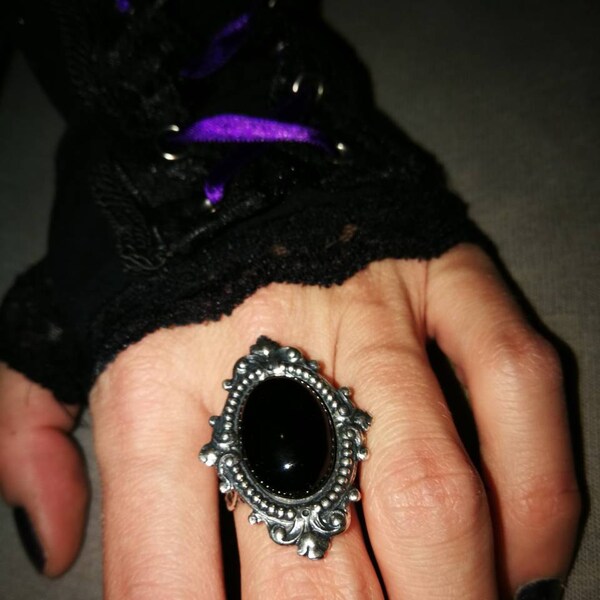 Victorian Gothic Ring - Black Onyx Gemstone Ornate Filigree Steampunk ...