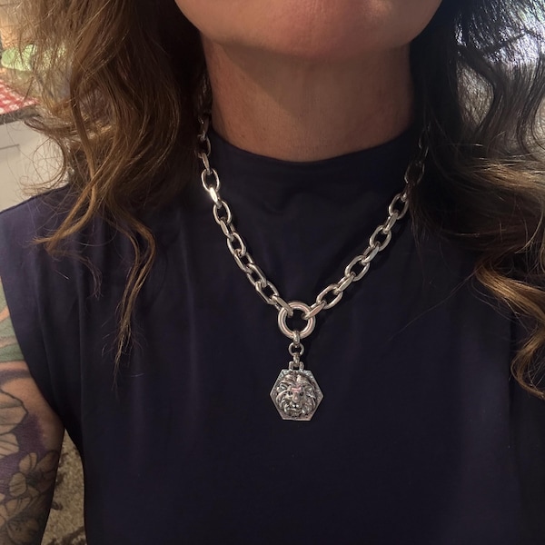 Lion Necklace , Statement Toggle Clasp Necklace, Statement Gold Link ...