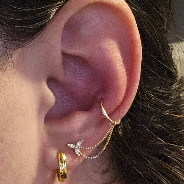 14K Solid Gold Triple Mixed Chain Attachment, 14K Gold Chain Piercing ...