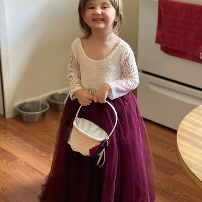 White Lace Flower Girl Dress, Wine Tulle Long Sleeve Wedding Gown ...