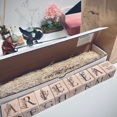 ABC Floral Blocks 15 Wooden Block Toys Laser Engraved Handmade Blocks ...