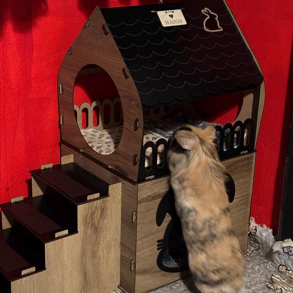 Wooden Rabbit House, Two Storey Rabbit Castle, Hay Feeder Bunny ...