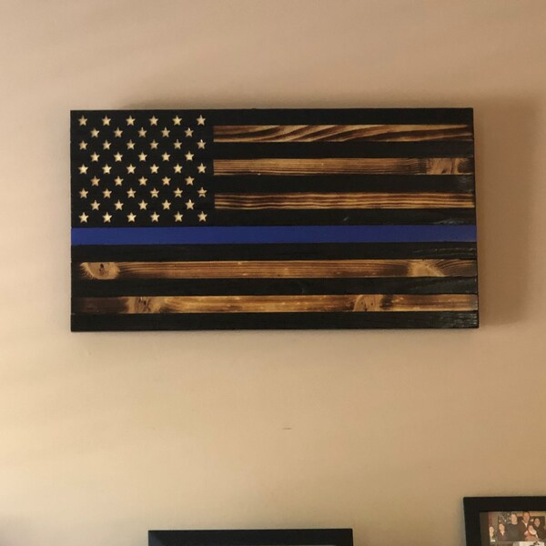 Thin Blue Line American Rustic Flag, Thin Blue Line Wood Flag, Subdued ...