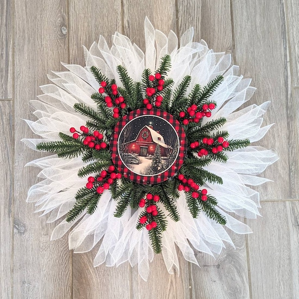 Round Christmas Barn Wreath Sign, UV Protected Metal Wreath Sign ...