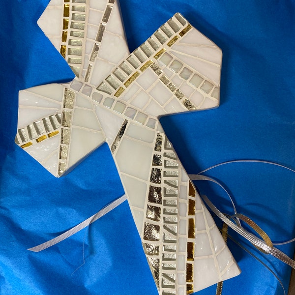 First Communion, Mosaic Wall Cross, Gray Blue, 9x6" Decorative Cross ...