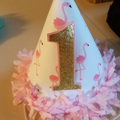 Pink Flamingo Party Hat With Gold Glitter Number Pink Tissue Fringe ...