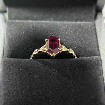 Vintage Long Hexagon Cut Red Ruby Ring Diamond Rose Gold Band Ruby ...
