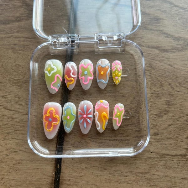 Flower Nails,custom Hand Painted Acrylic Nails, 3D Press on Nail ...
