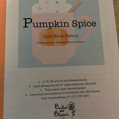 Pumpkin Spice Fall Autumn Mug Dessert Quilt Block PDF Pattern-instructions for 6 Inch, 12 Inch ...