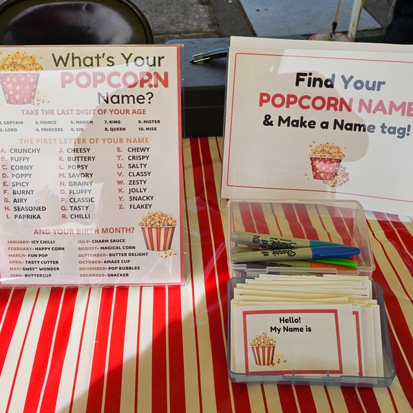 What's Your Popcorn Name Game With Name Tags + Popcorn Name Sign ...