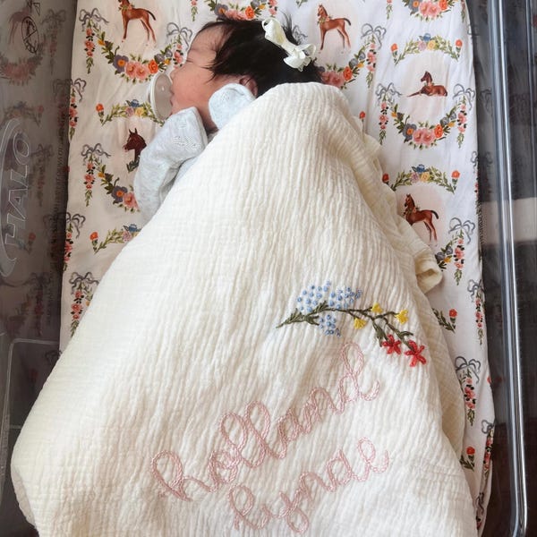 Personalized Hand Embroidered Baby Swaddle Blanket With Name and Floral ...