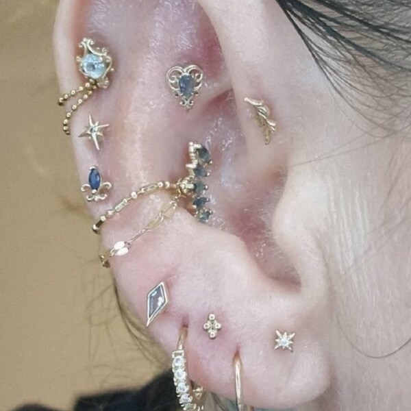 14K Solid Gold Natural Opal Sun Shape Stud/half Sun Cartilage Helix ...