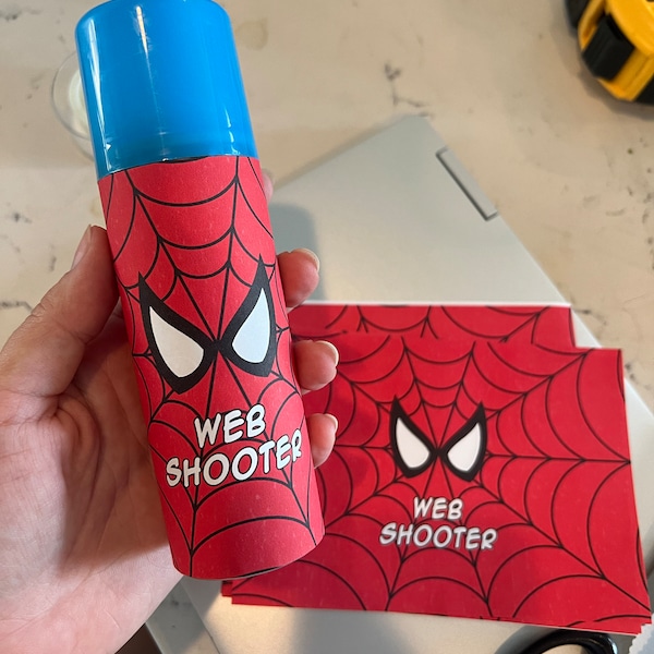 Spiderman Web Shooter Silly String Labels: Superhero Party (instant ...