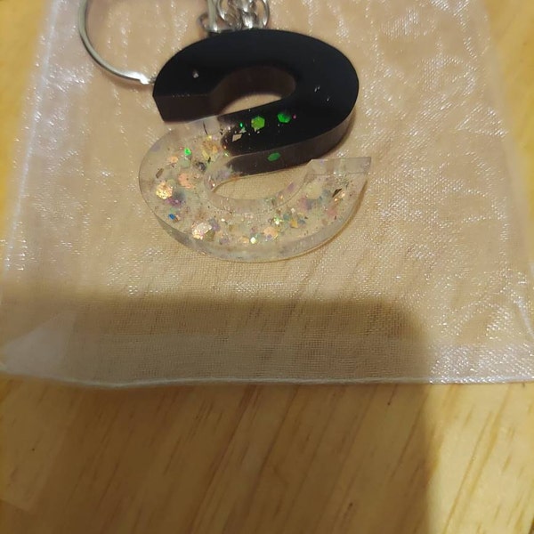 Glam Black, Clear and Silver Initial Keychain | Resin Initial Keychain ...