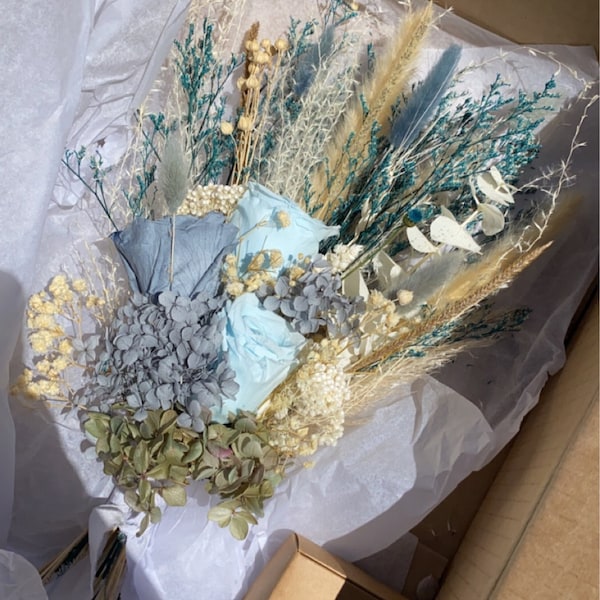 Preserved Flower Bouquet, Dusty Blue, Teal Blue Dried Flower Wedding ...