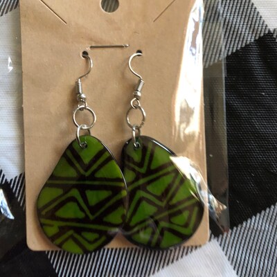 Tribal Artistic Earrings. Hand Painted Boho Style Pattern Earrings. Tagua Nut Jewelry. Fairtrade ...