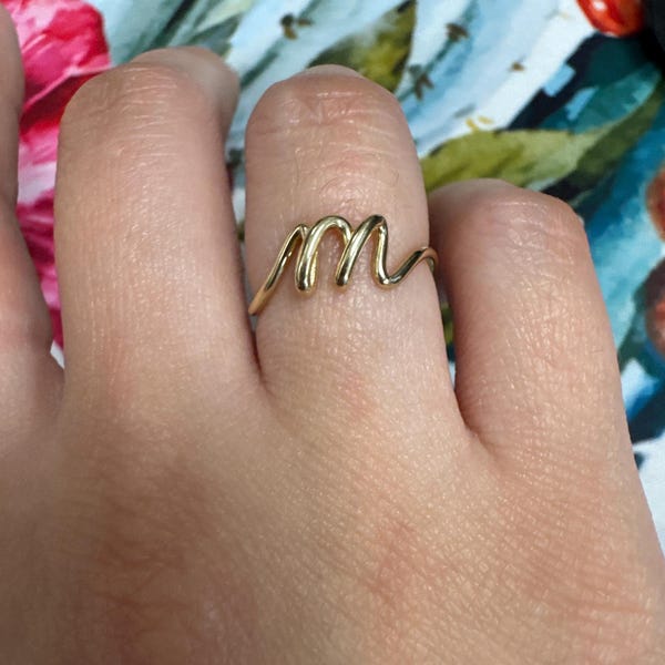 14K Solid Gold Script Initial Ring, Minimalist Wire Handwriting Ring ...