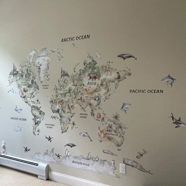 Watercolor World Map Decal, Childrens World Map Sticker, Animal Map ...