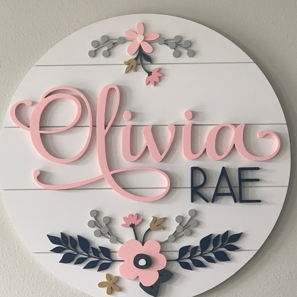 24 Baby Girl Name Sign With Floral Backboard on Shiplap Like Backboard ...