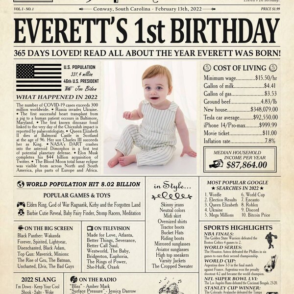 1st Birthday Newspaper Poster Sign, 1st Birthday Gift for Son or ...