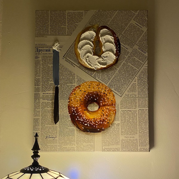 Bagel Painting Impasto Painting Original Acrylic Paining Newspaper Art ...