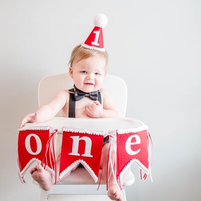 1st Birthday Hat First Birthday High Chair Banner and Hat Red and White ...