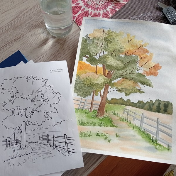 Autumn Tree Landscape Printable Outline Traceable Template for Drawing ...