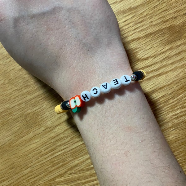 Personalized Teacher Bracelet, Pencil Bracelet, Stackable Bracelet, Teacher Heishi Bracelet ...
