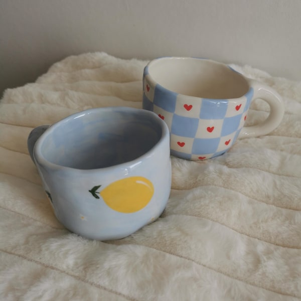 Handmade Ceramic Mug – Baby Blue Checkered Pottery Cup With Hearts - Etsy